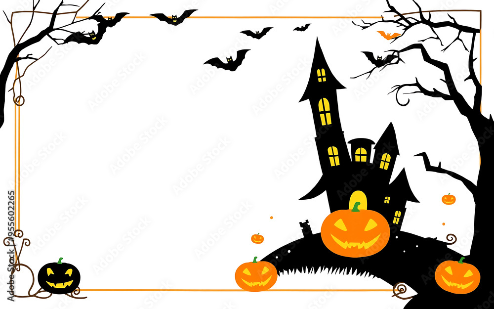 Spooky Halloween frame with haunted house, pumpkins, bats, and bare ...