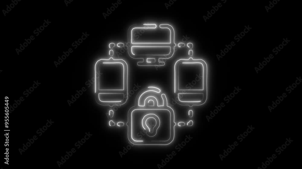 Neon Cybersecurity Network Icon - Glowing Lock and Connected Devices on ...