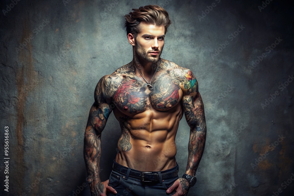 A Photo Of A Male Model With Visible Tattoos, Showing Off His Sculpted ...