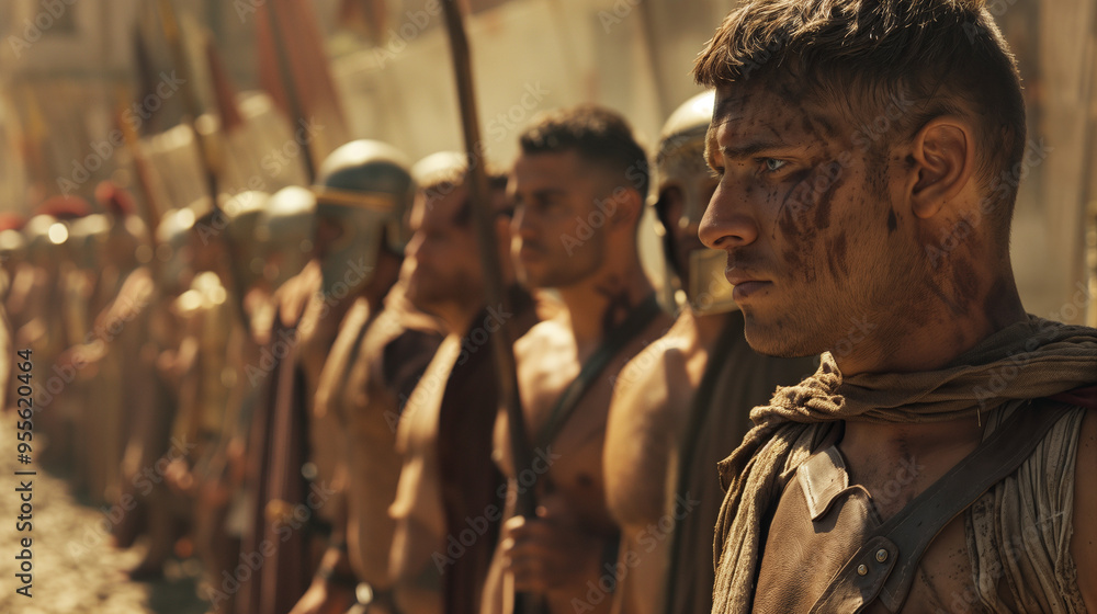 Line of dirty, exhausted slaves. Shirtless men with ropes around necks ...