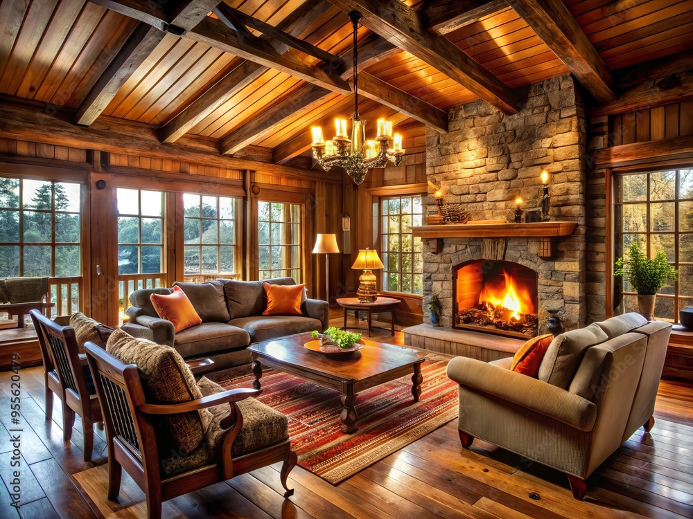 Cozy And Rustic Cabin Interior With Wooden Walls, Exposed Beam Ceilings ...