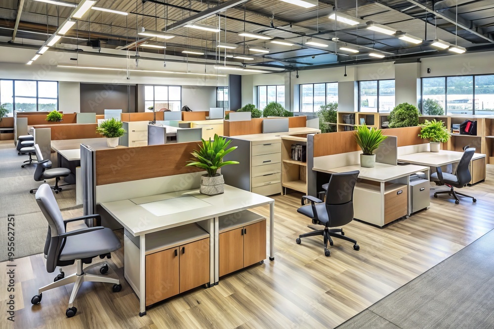 Modern office furniture superstore showroom features rows of new and ...