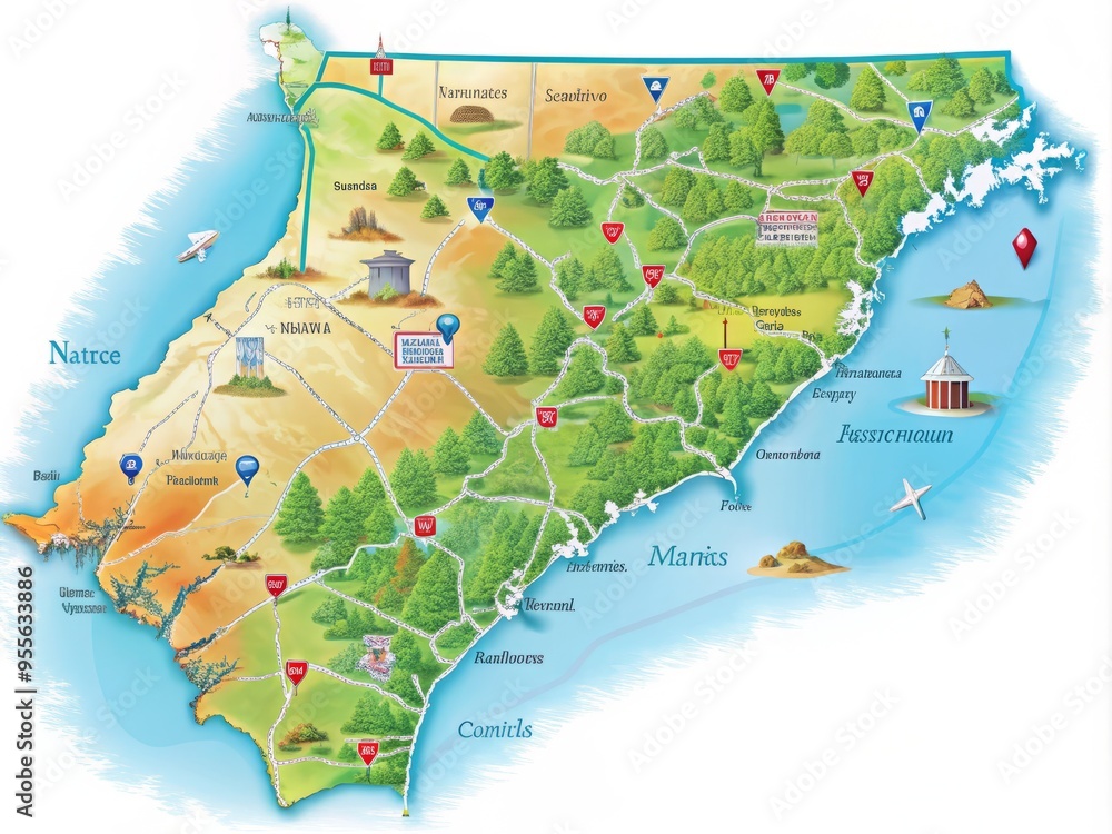 Vibrant digital illustration of North Carolina's map highlighting major ...