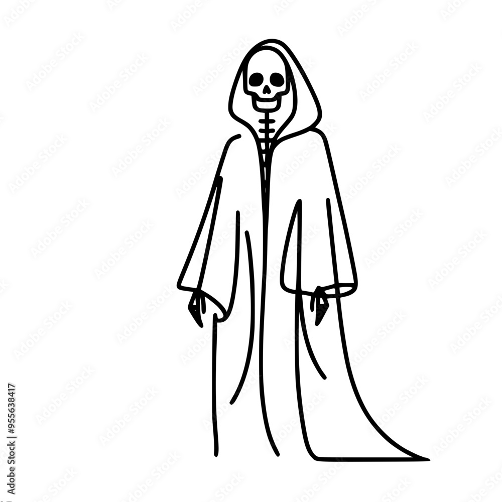single line vector drawing of a hooded skeleton creating a dark and ...