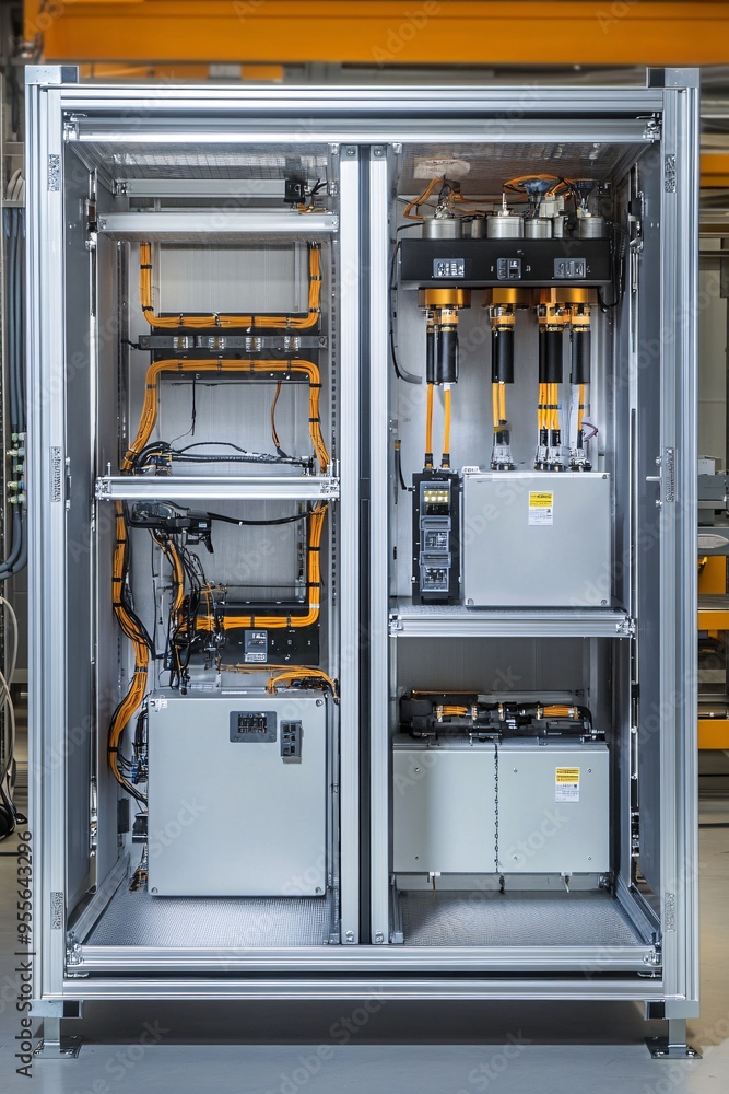 Testing industrial machinery: open electrical cabinet with high voltage ...