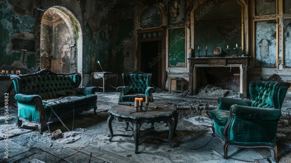 Dark eerie antique living room with green velvet furniture. Concept of ...