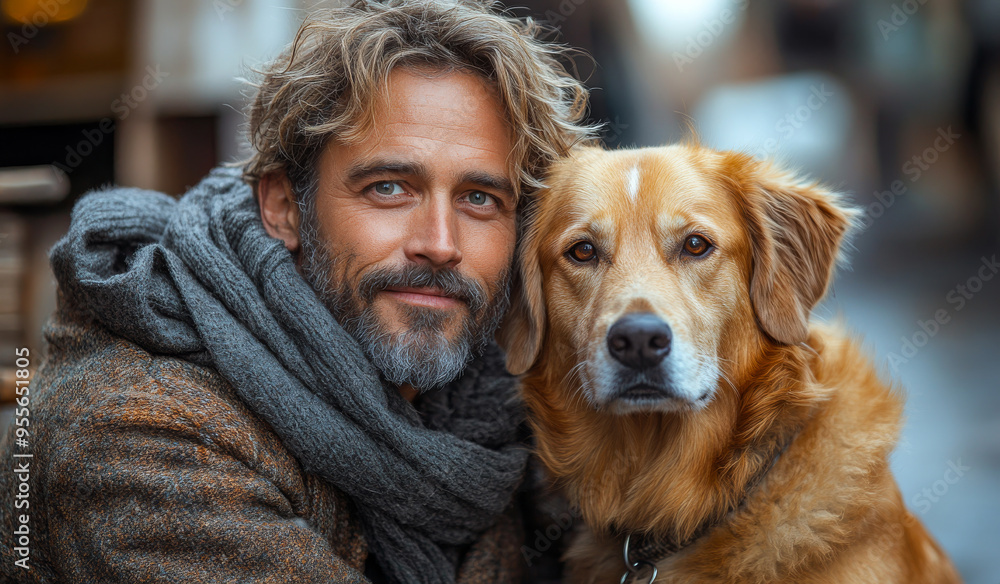 A man and a dog are posing for a picture. The man is wearing a scarf ...