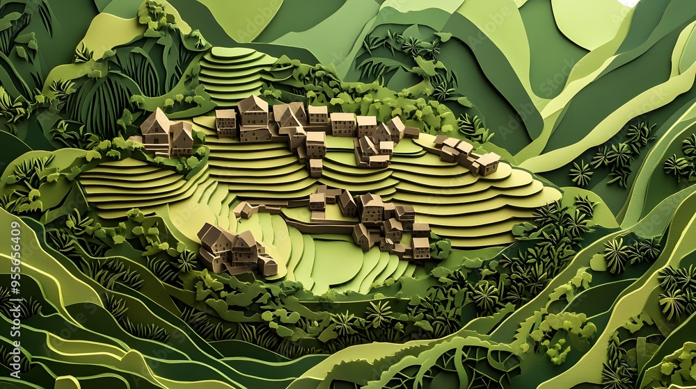 19. **Render a 3D paper cut of Machu Picchu with its ancient terraces ...