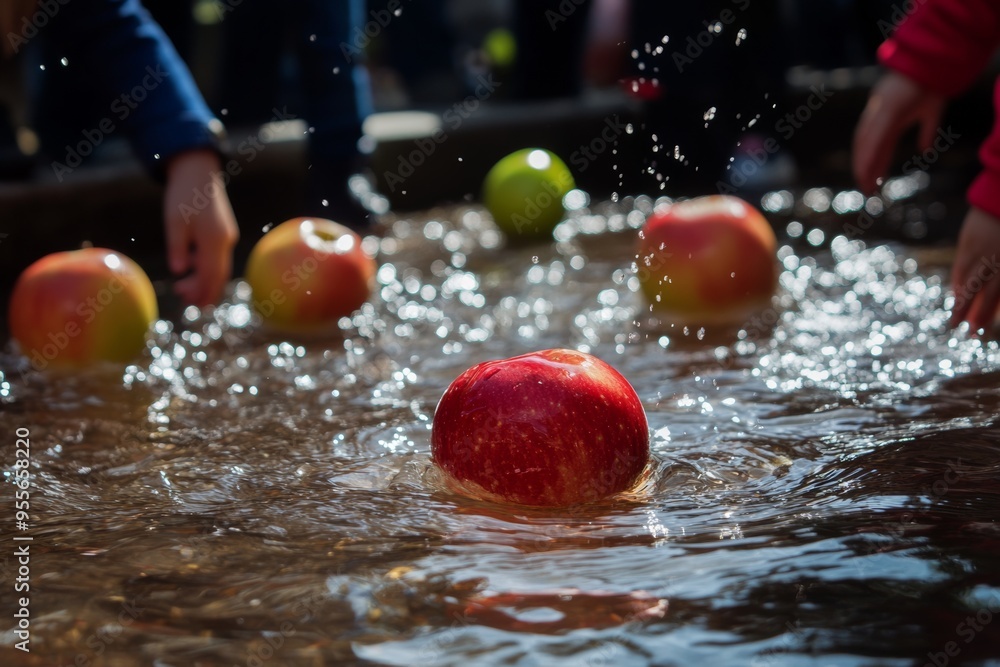 apple bobbing contest. children and adults participating in a ...
