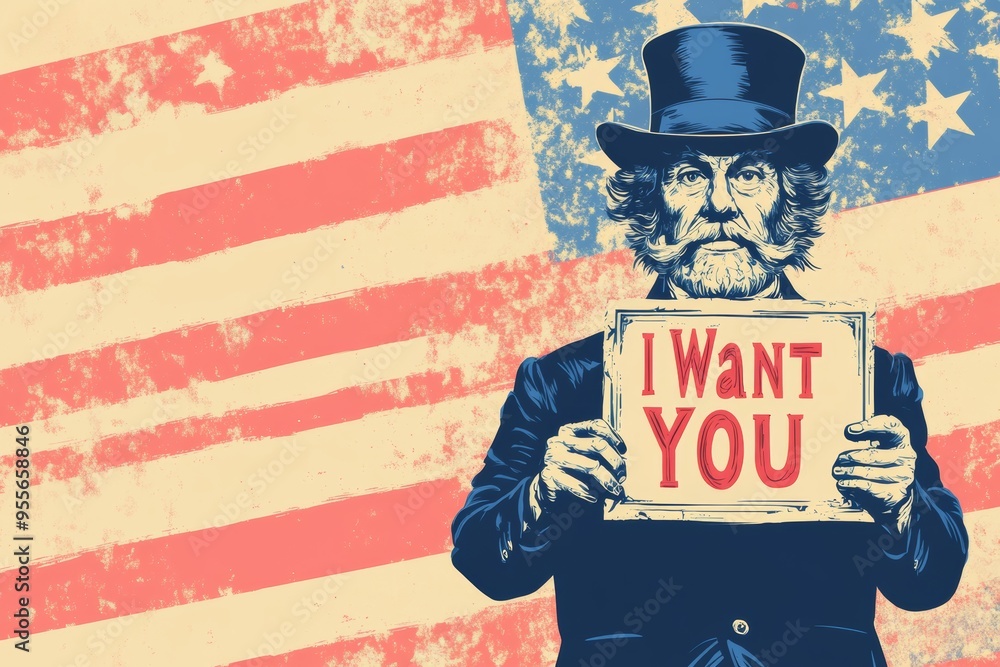 Flat illustration of Uncle Sam holding a vintage "I Want You ...