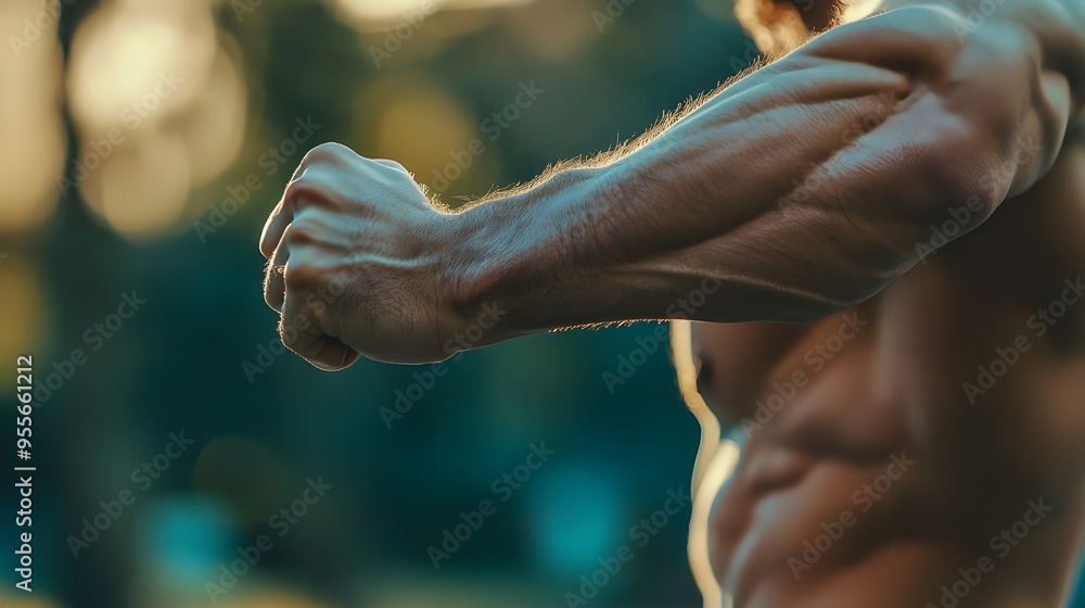 A side view of an arm with a clenched fist, the bicep bulging as the ...