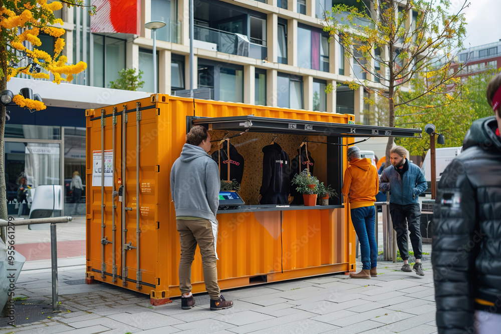 Entrepreneur setting up and promoting temporary pop-up store Stock ...