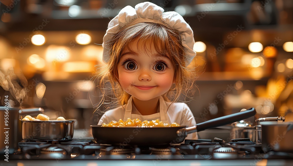 A cute girl wearing a chef's outfit is cooking in the kitchen, with an ...