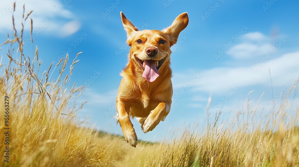A dog running through a field of tall grass, with its tongue lolling ...