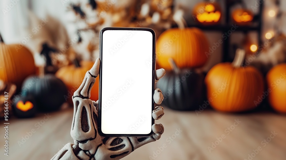 Close-up of a skeleton hand holding a smartphone mockup with white ...