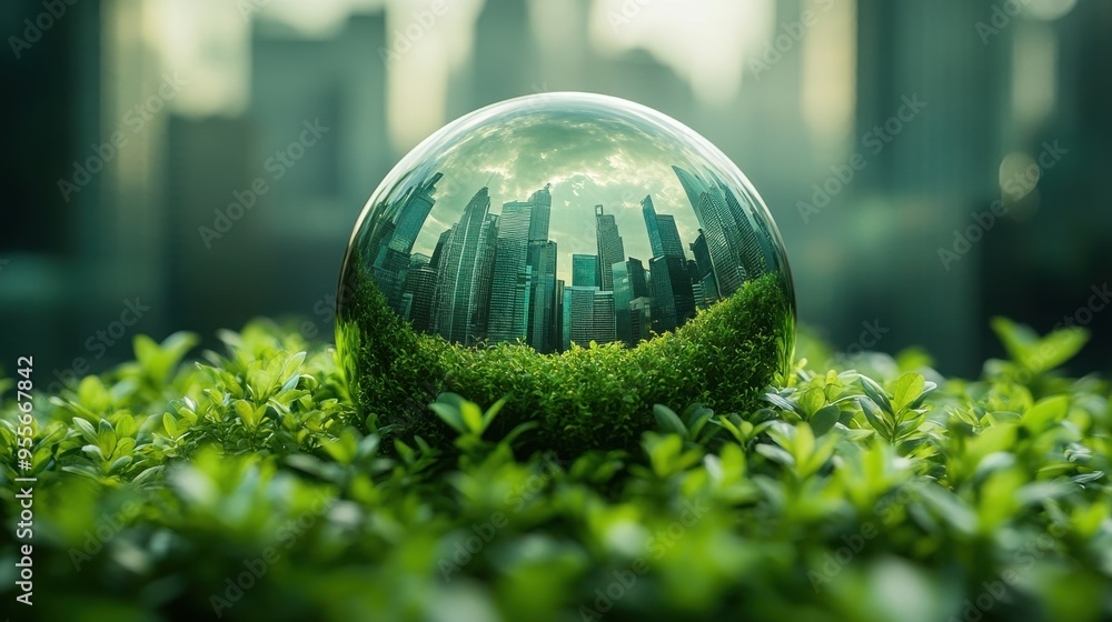 A reflective glass sphere on green foliage capturing an urban skyline ...
