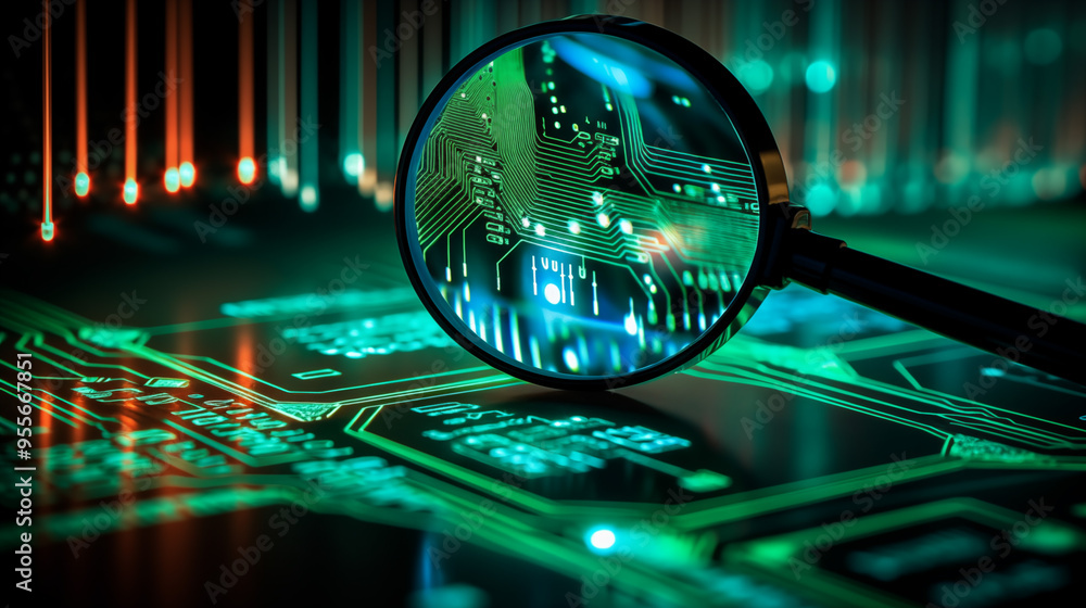 Digital magnifying glass zooming into glowing malicious features ...