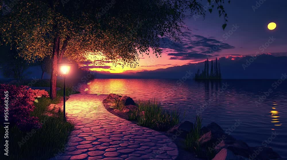 Pathway illuminated by a glowing lamp on a pole beside a serene lake at ...