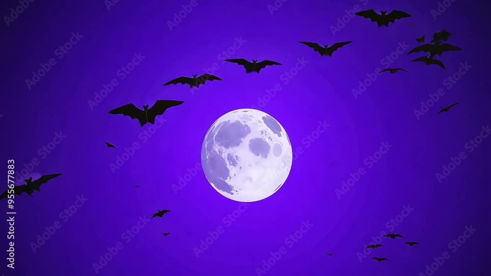 A swarm of bats flying under a full moon on a rotating purple ...