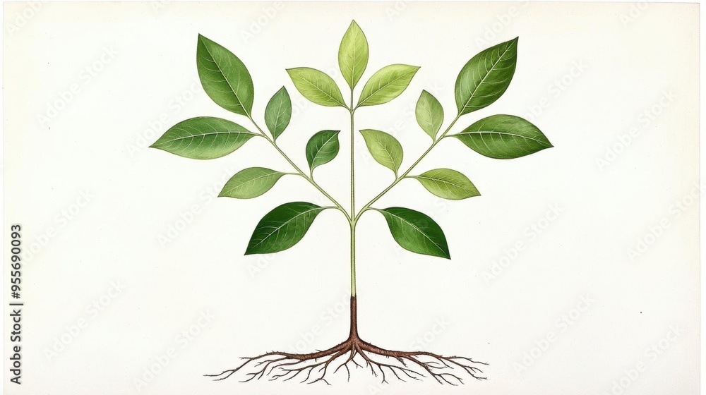 A botanical illustration of a whole plant, with a focus on capturing ...