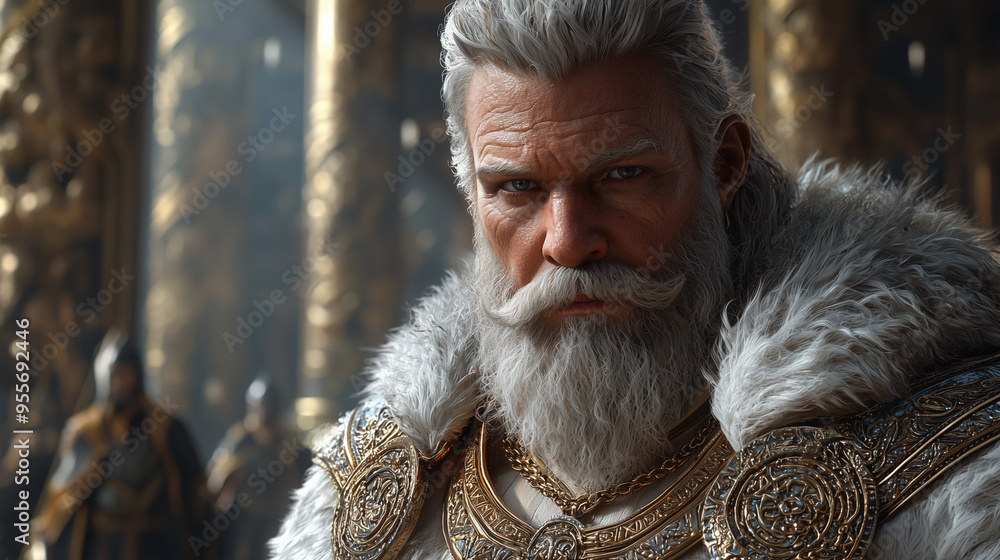 resolute dwarf male with a piercing gaze wearing gold-trimmed robes in ...