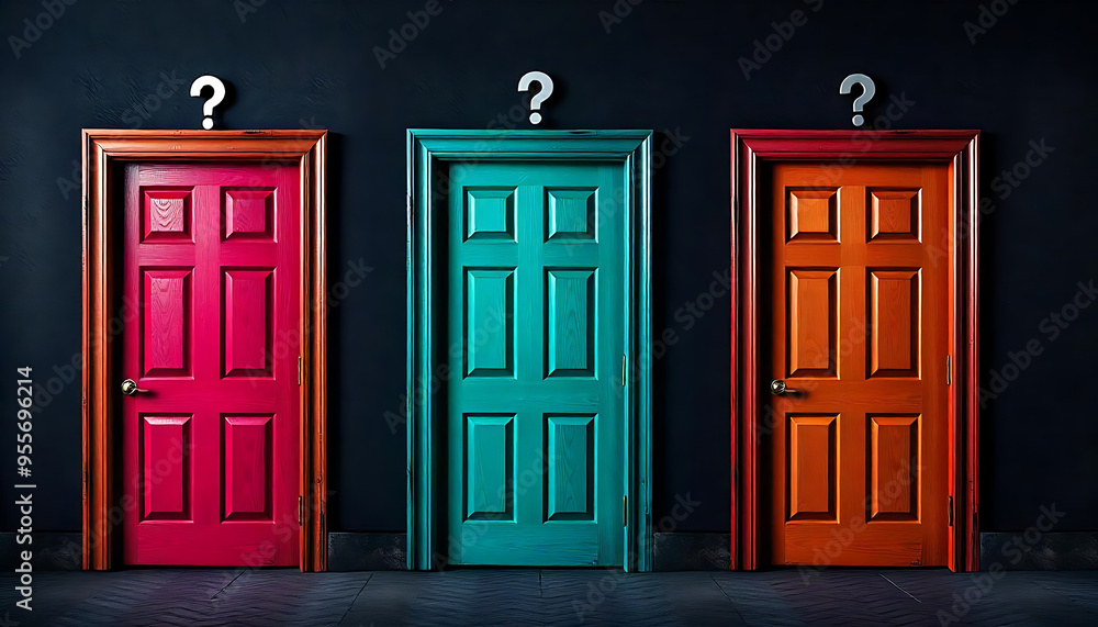 Three colorful doors with question marks above, on a dark background ...