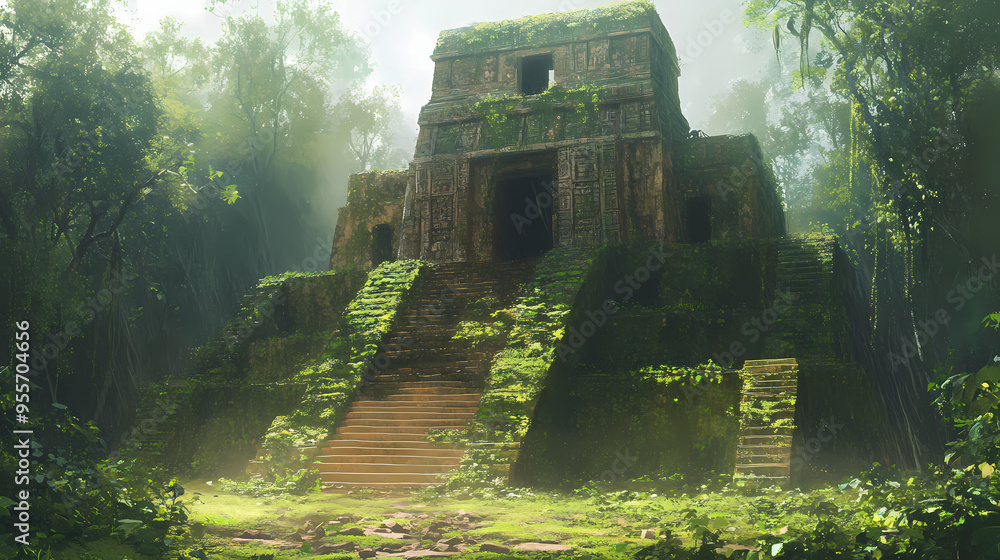 Ancient and overgrown mayan temple ruins in the jungle, lost place in ...