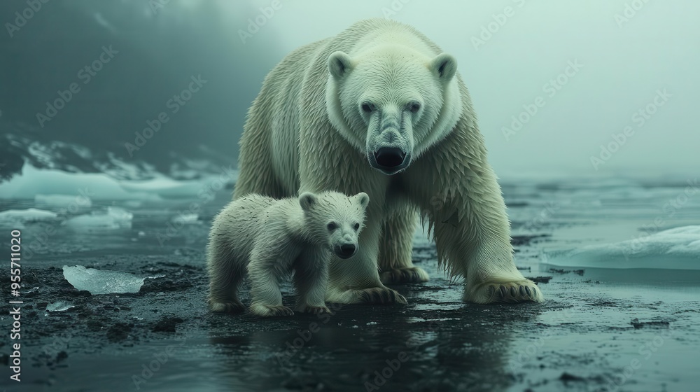 poignant scene of polar bear and cub on melting ice fragile arctic ...