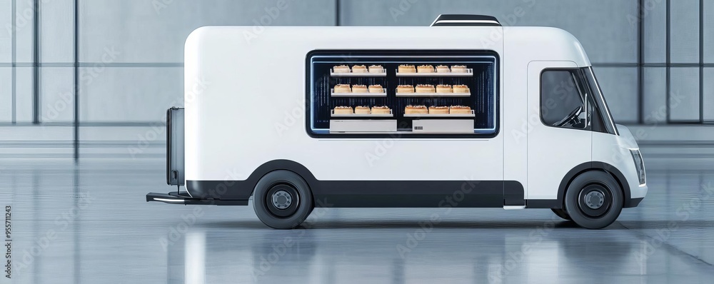 Mobile bakery truck with futuristic LED displays, sleek and modern, set ...