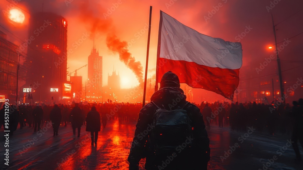 protesters with whiteredwhite flag symbolic of belarus crowd scene ...