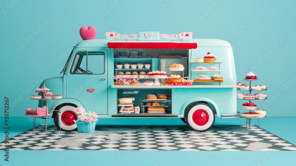 Mobile bakery truck with a retro diner theme, checkerboard floors, set ...
