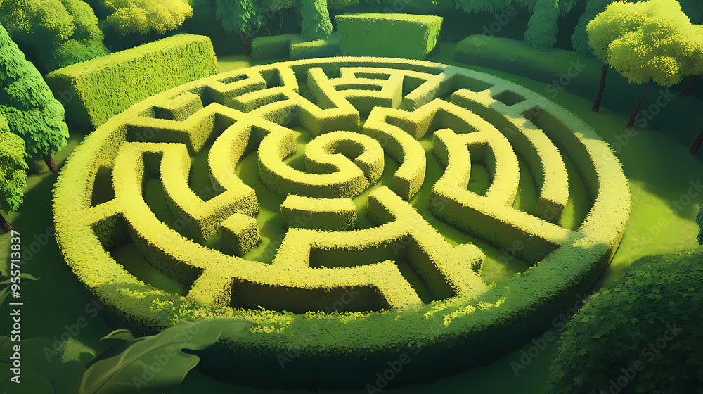 A maze is shown in a lush green field with trees and bushes. the maze ...