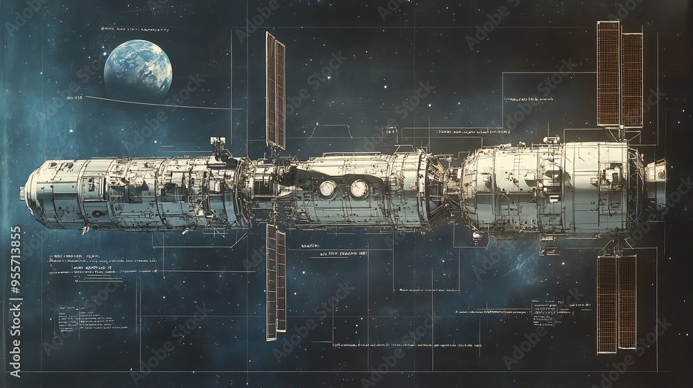 Blueprint of space station module with technical diagrams and ...