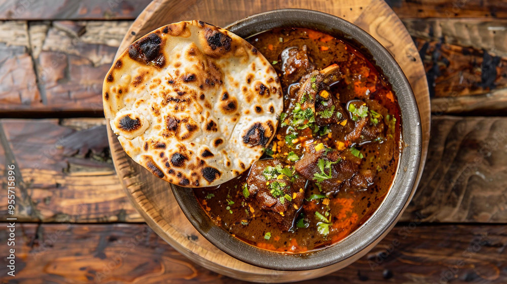 Goat curry served with tandoori roti top view, spicy mutton curry Stock ...