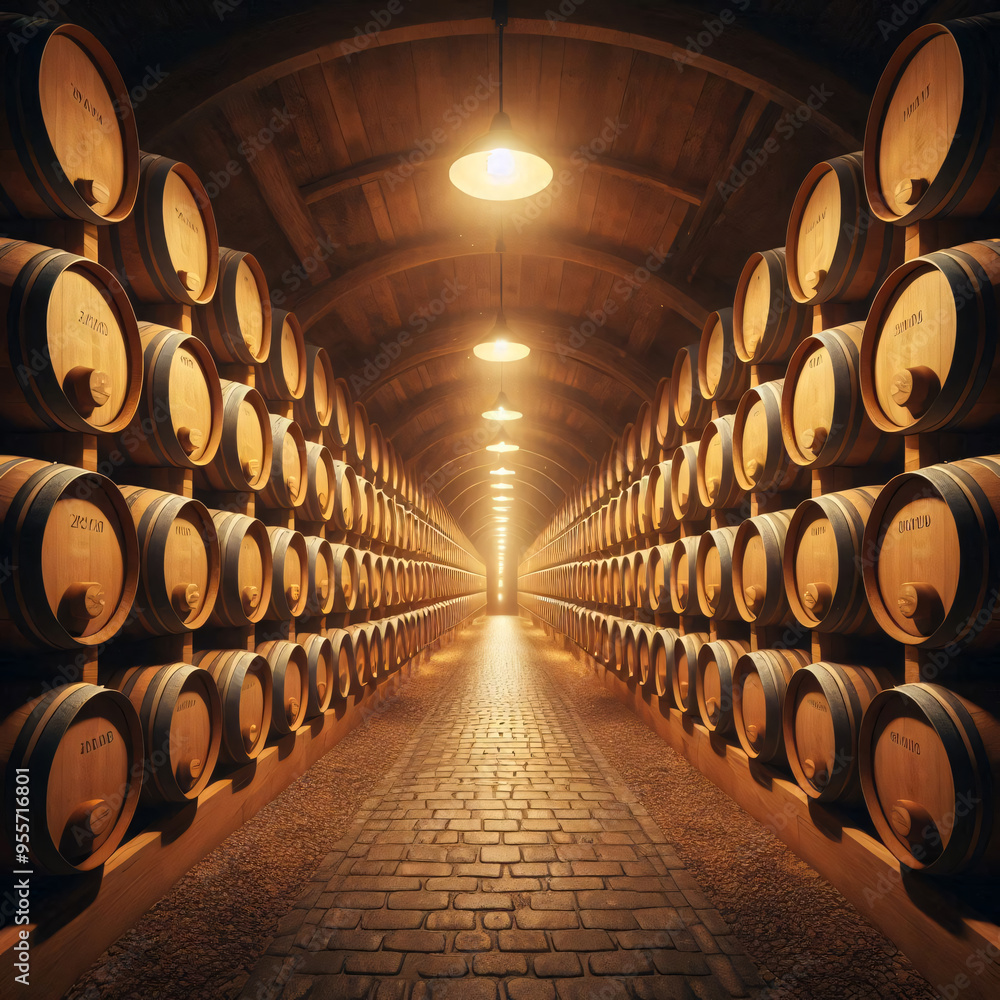 A warmly lit wine cellar with rows of oak barrels lining a rustic brick ...