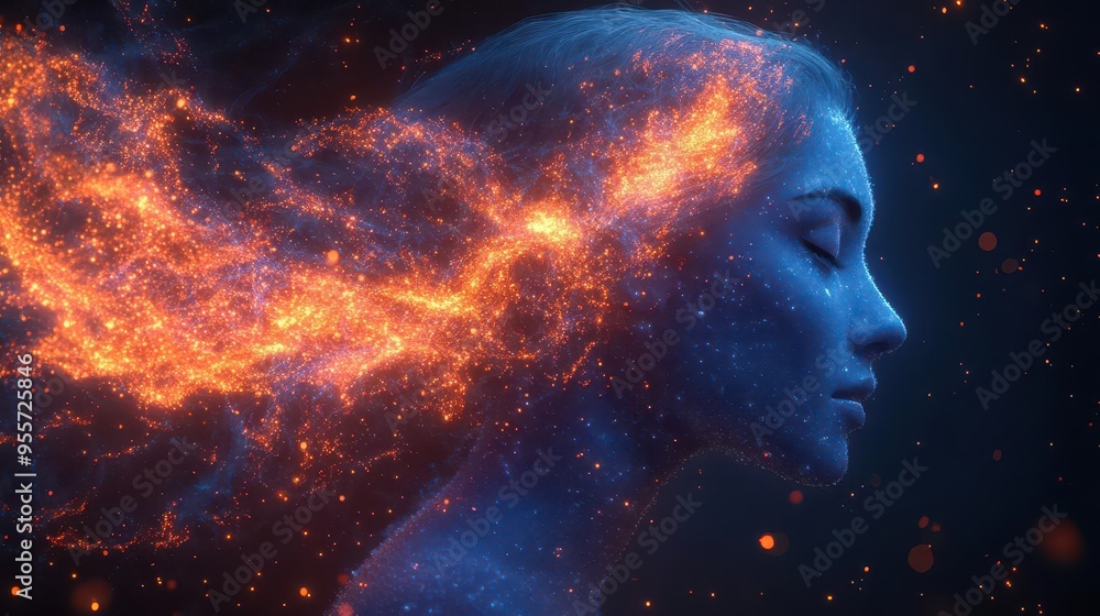 surreal digital art human profile filled with molecule structures ...