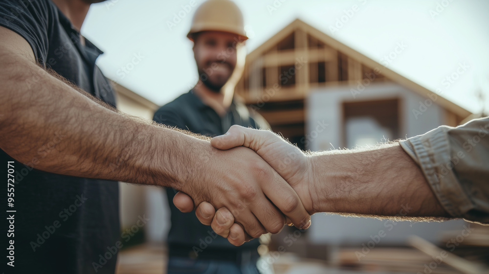 Smiling architect and construction worker shaking hands on-site ...
