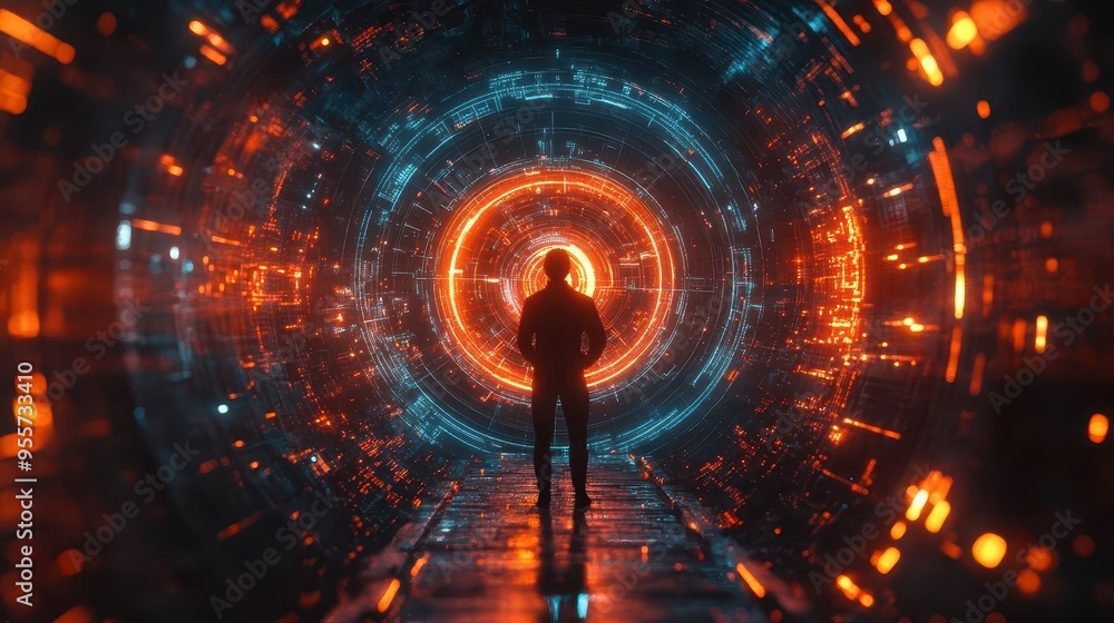 virtual archery game businessman aiming digital arrow at glowing target ...