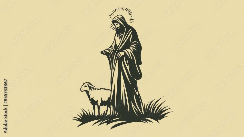 Logo of Jesus as a shepherd with a lost sheep against a sunset ...