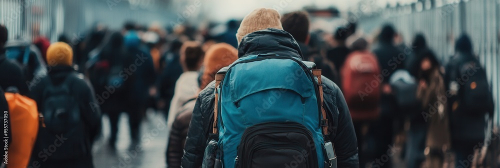 Large groups of refugees navigate a crowded border, carrying their ...