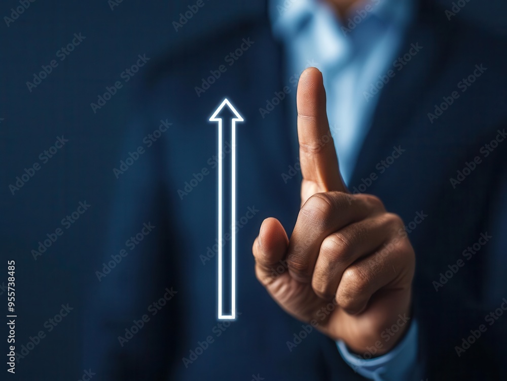 Businessman touching a vertical progress bar on a touch screen, with ...