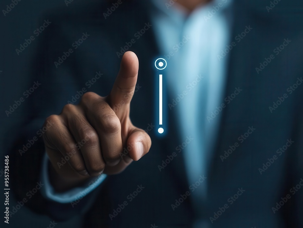 Businessman touching a vertical progress bar on a touch screen, with ...