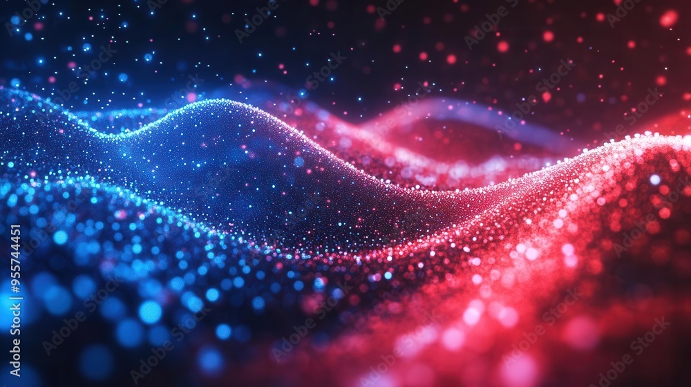 Holographic particles in red and blue, technology tone, Split ...