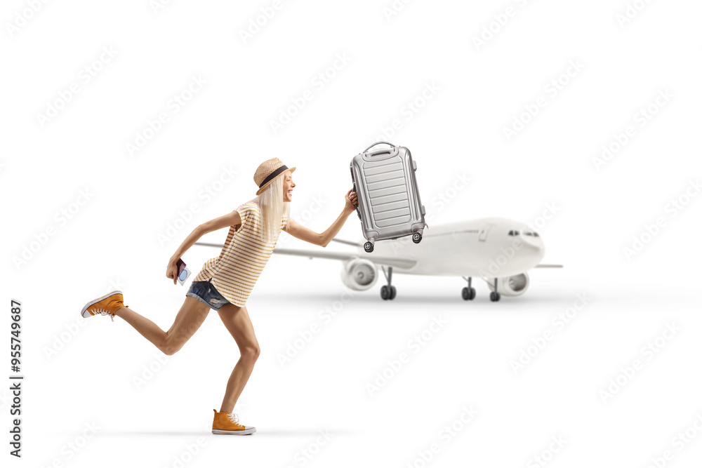 Full length profile shot of a female tourist running with a suitcase in ...