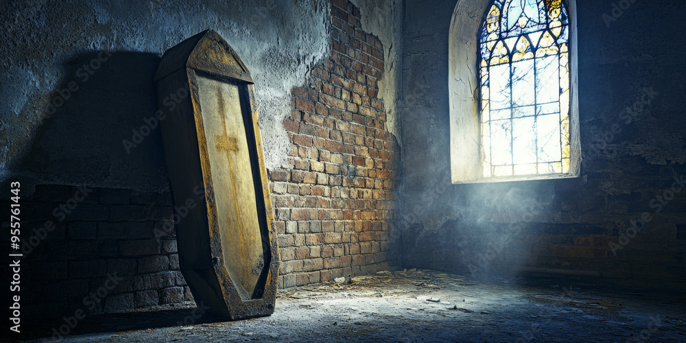 An upright coffin leans against a brick wall in a dusty, abandoned ...