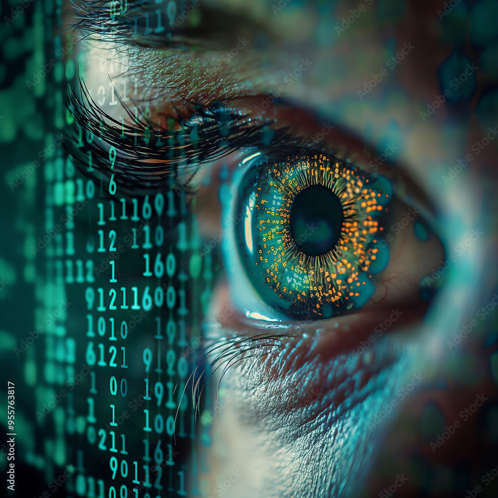 Futuristic eye with digital interface overlay - Close-up of a human eye ...