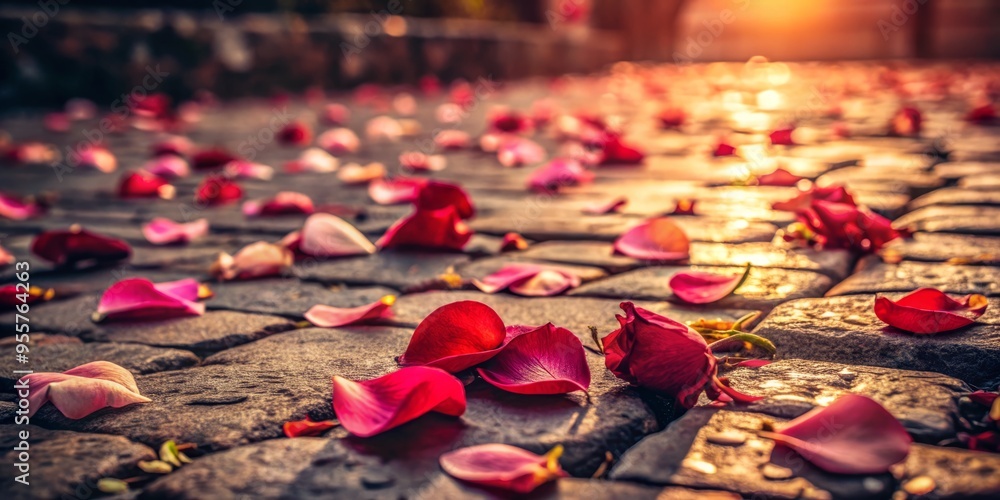 Classic rose petals scattered on a worn, stone pavement, soft and ...
