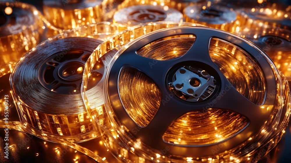 Golden film reels illuminated with soft light create an artistic ...