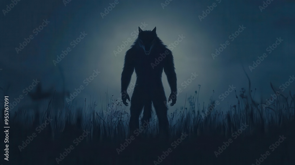 Ghostly werewolf silhouette in a dark twilight, flat design, top view ...