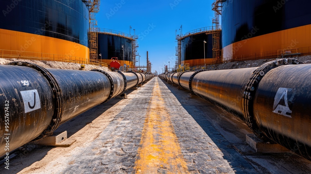 Massive oil storage tanks with safety warning signs and pipelines ...